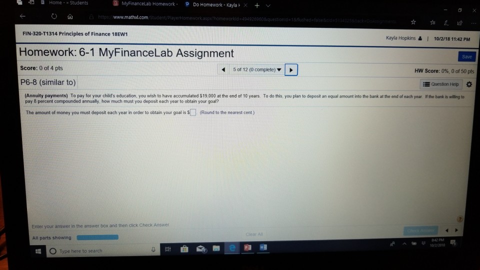 Solved MyFinancelab -ラ 『 Homework P Do Homework - Kayla X + | Chegg.com