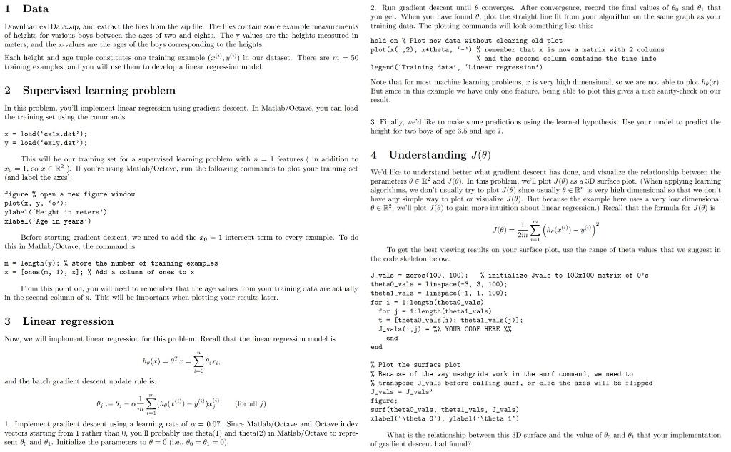 Solved 1 Data 2. Run gradient descent until θ converges. | Chegg.com