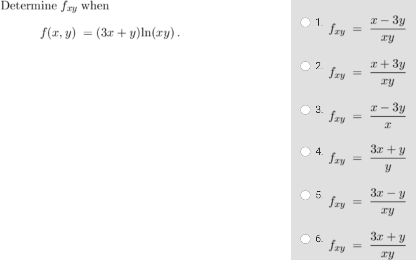 Solved Determine fry when 1. x – 3y f(x, y) (3.6 + y) | Chegg.com