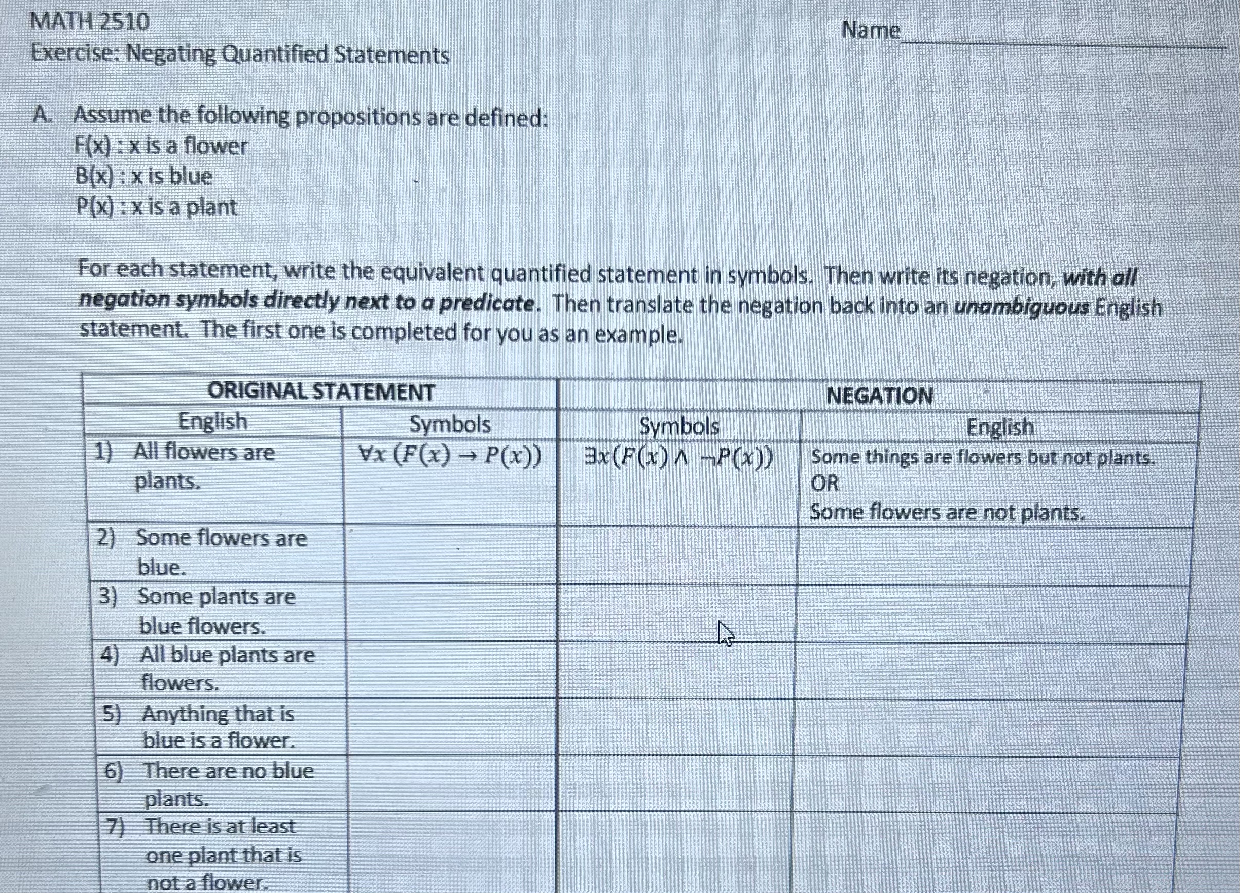 Solved Exercise: Negating Quantified StatementsNameA. | Chegg.com