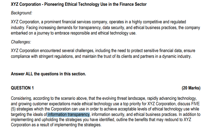 XYZ Corporation - Pioneering Ethical Technology Use | Chegg.com