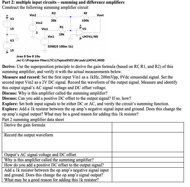 Solved Part 2: multiple input circuits - summing and | Chegg.com