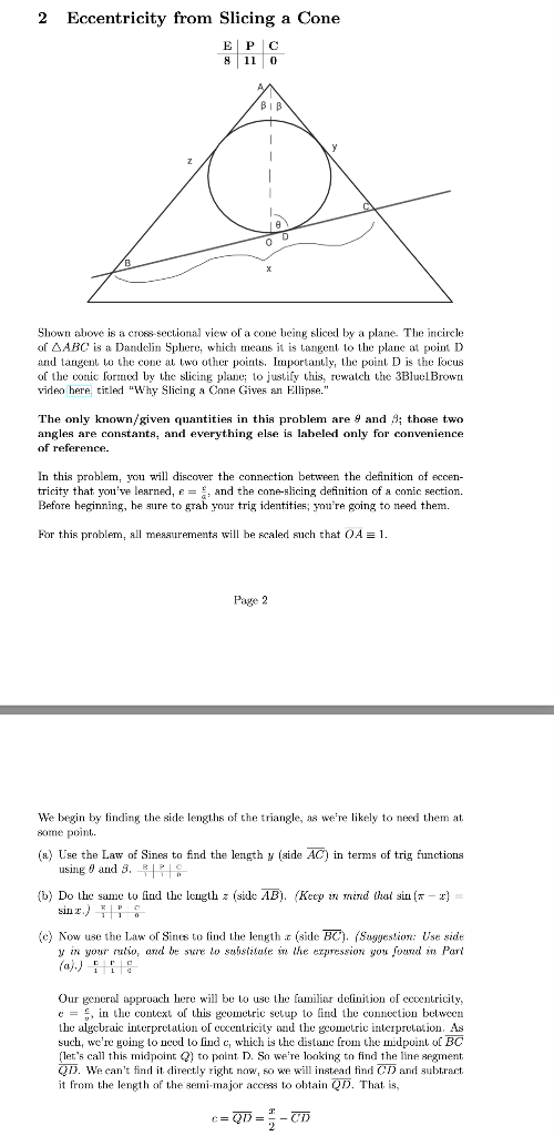 2 Eccentricity from Slicing a Cone E8P11C0 Shown | Chegg.com