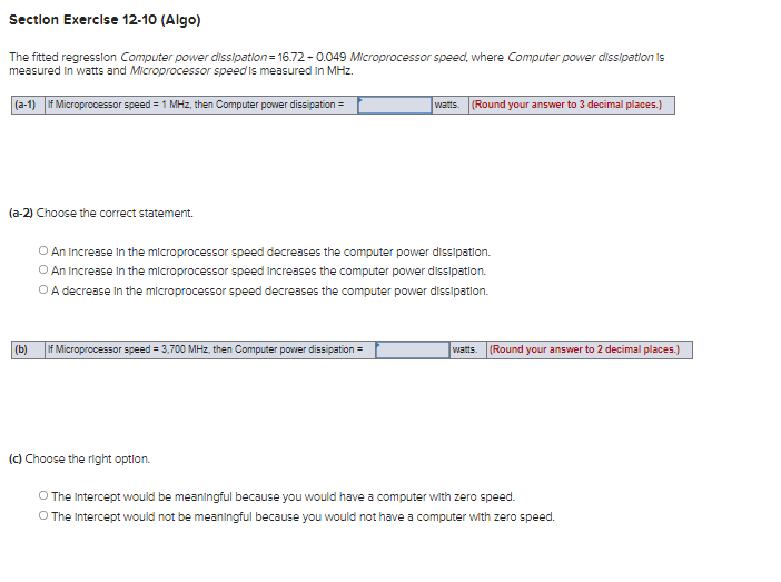 Solved Section Exercise 12-10 (Algo) The fitted regression | Chegg.com