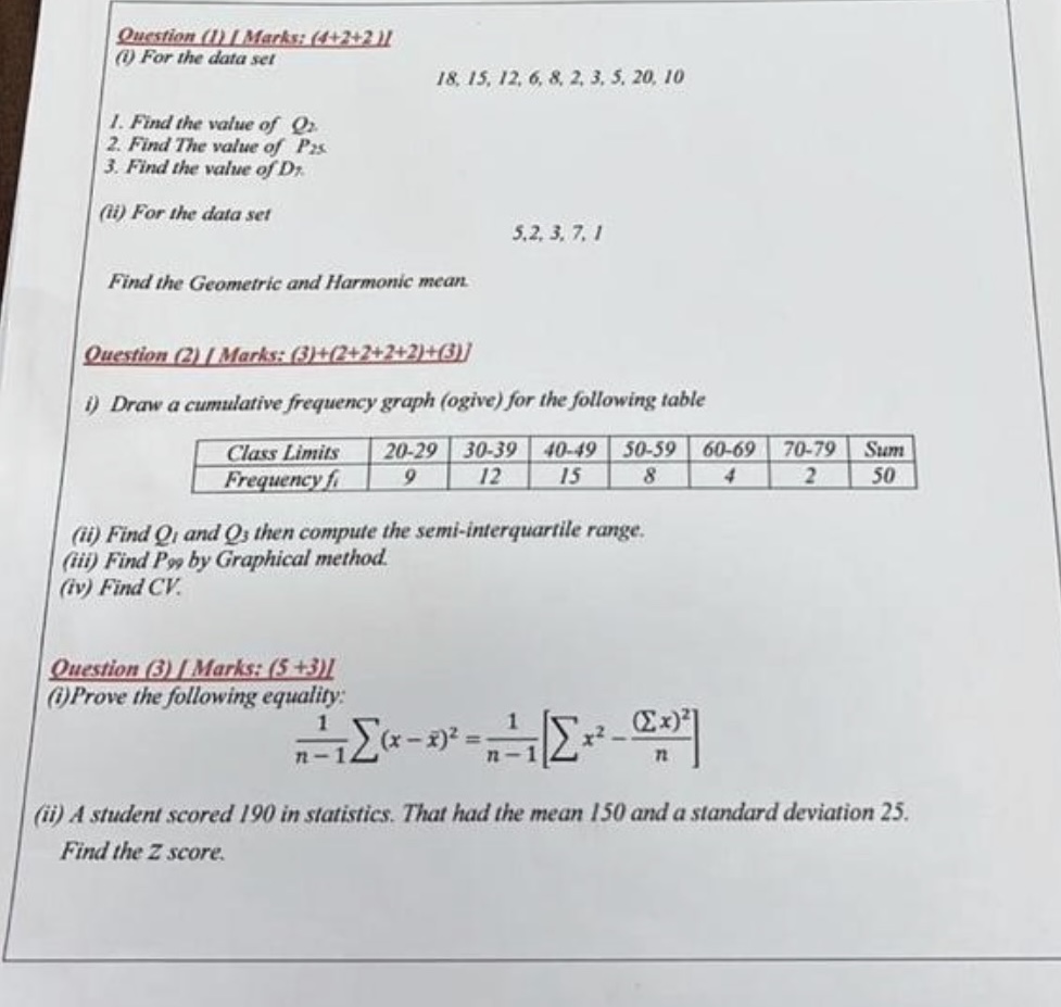 Solved i) Draw a cumulative frequency graph (ogive) for the | Chegg.com