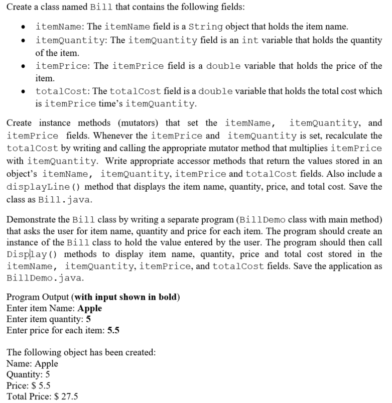 Solved Create a class named Bill that contains the following | Chegg.com