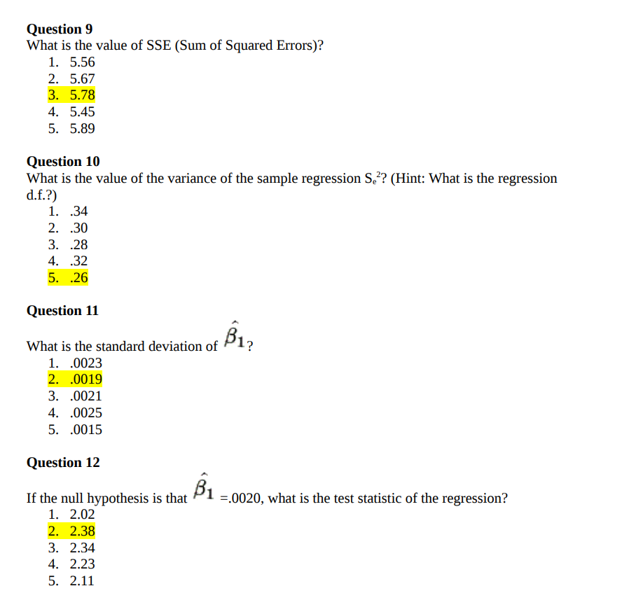 Solved Question 9 What is the value of SSE (Sum of Squared | Chegg.com