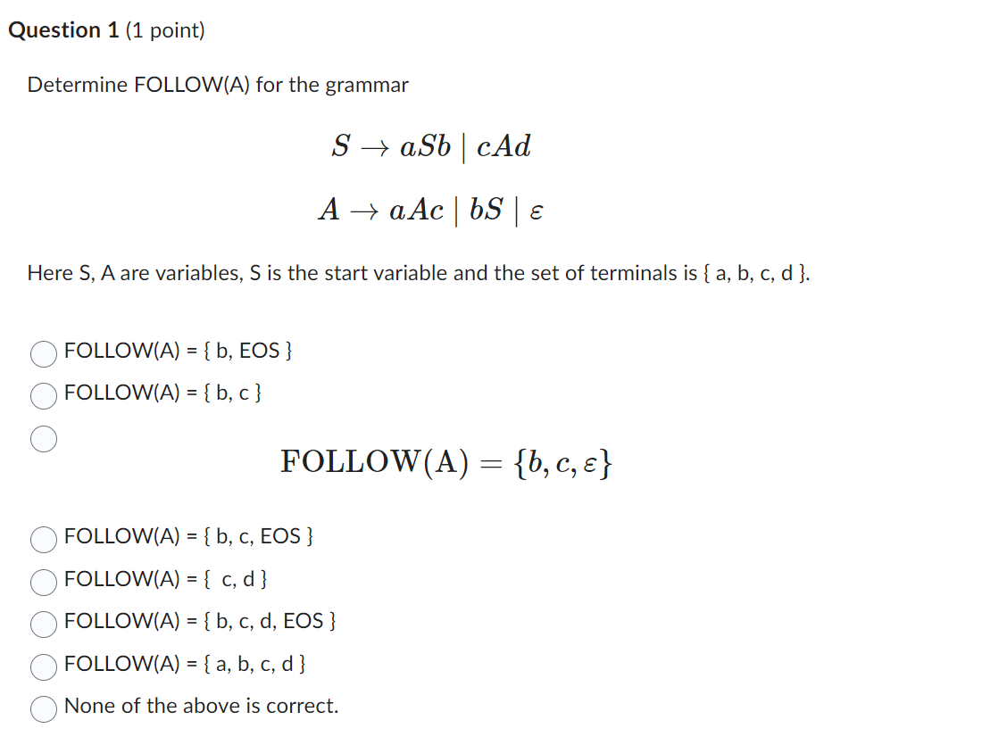 Solved Determine FOLLOW(A) for the grammar | Chegg.com