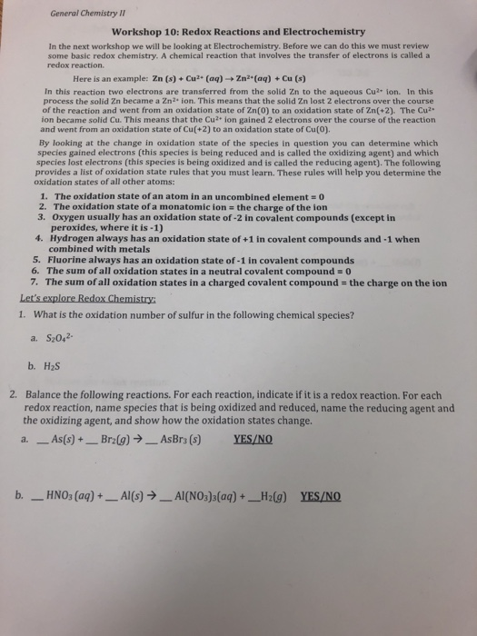 Solved General ChemistryI Workshop 10: Redox Reactions and | Chegg.com