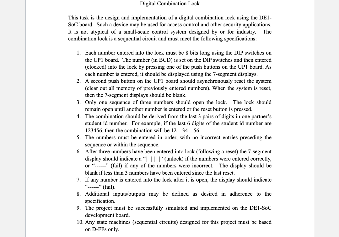 Digital Combination Lock This task is the design and | Chegg.com