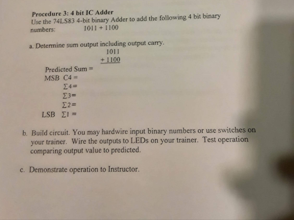 Solved Procedure 3: 4 bit IC Adder Use the 74LS83 4-bit | Chegg.com