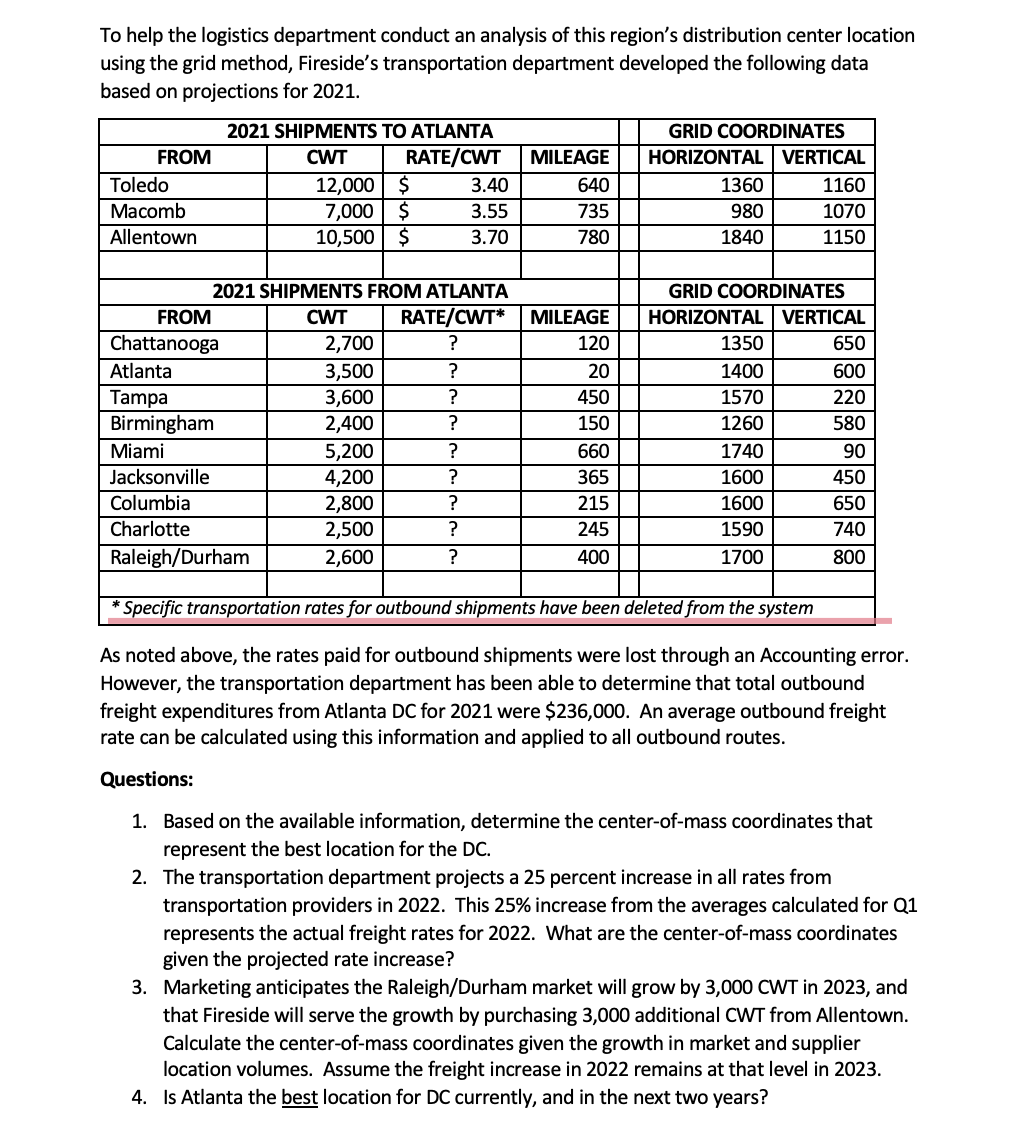 Solved To help the logistics department conduct an analysis | Chegg.com