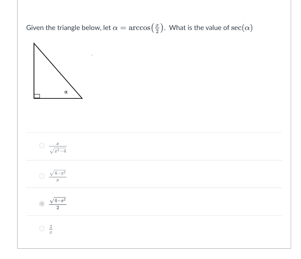 Solved Given the triangle below, let α=arccos(2x). What is | Chegg.com
