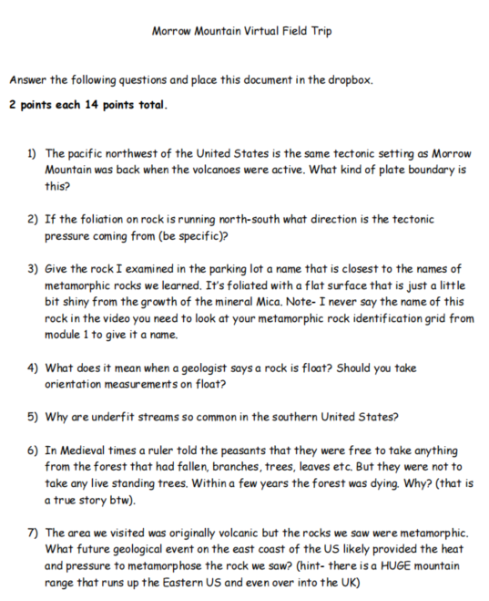 Solved Morrow Mountain Virtual Field Trip Answer the | Chegg.com