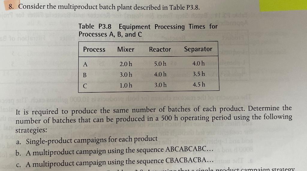 Solved 8. Consider the multiproduct batch plant described in | Chegg.com