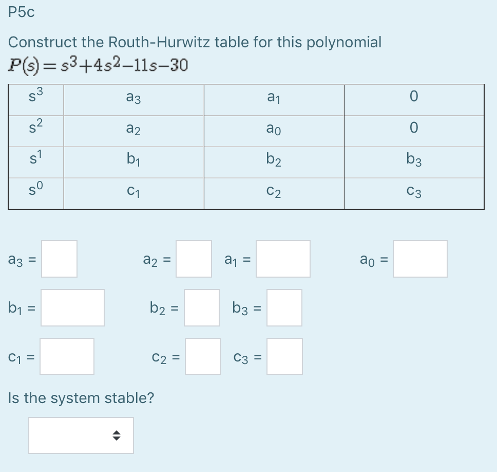 Solved P5c Construct the Routh-Hurwitz table for this | Chegg.com