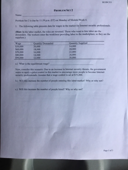 Solved ECON 213 PROBLEM SET 2 Name: Problem Set 2 is due by | Chegg.com