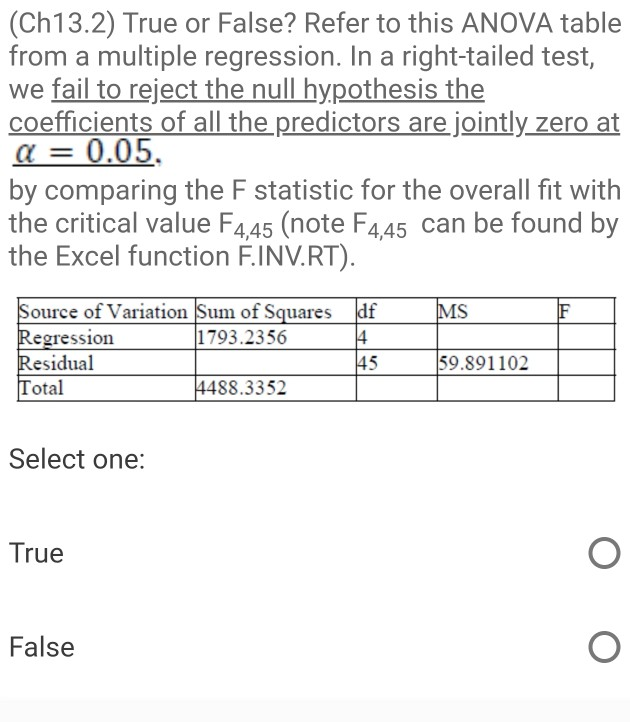 Solved (Ch13.2) True or False? Refer to this ANOVA table | Chegg.com