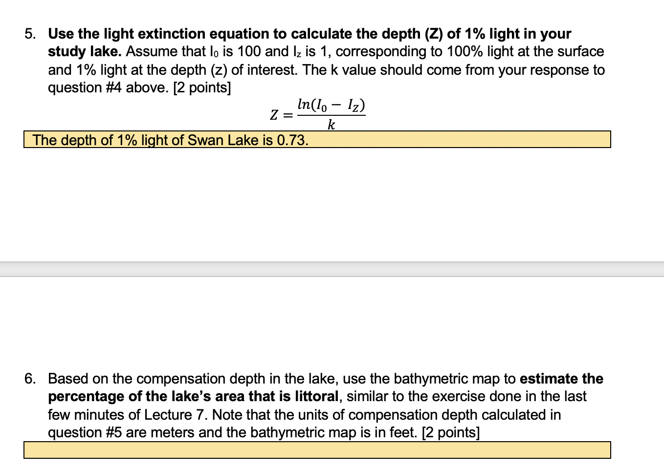 Solved 4. Using the Secchi disk data, calculate the k value | Chegg.com