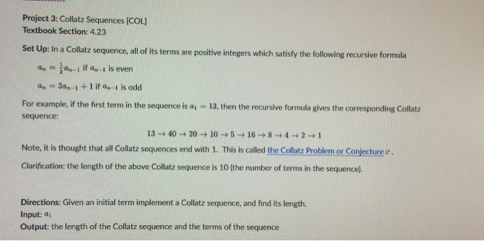 Solved Project 3 Collatz Sequences Col Textbook Section 