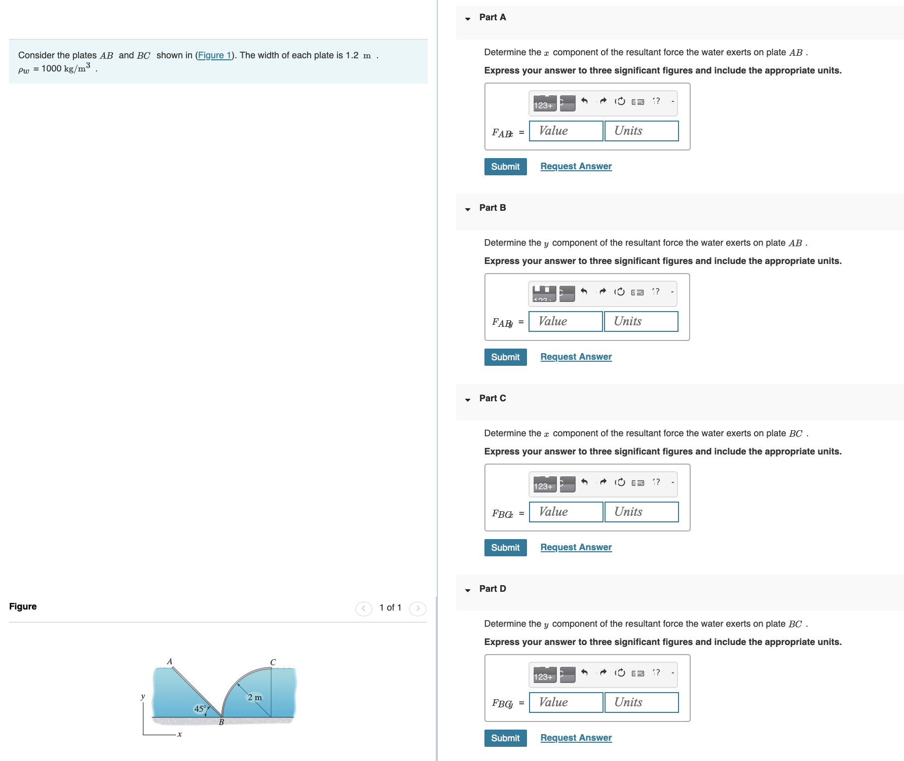 [Solved]: Consider the plates AB and BC shown in w=1000kg/m