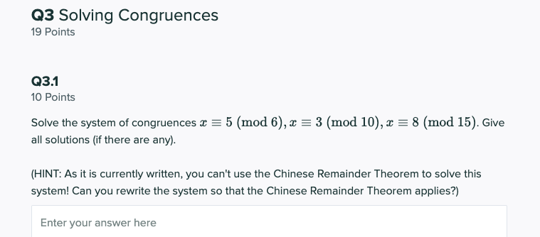 Solved Q3 Solving Congruences 19 Points Q3.1 10 Points Solve | Chegg.com