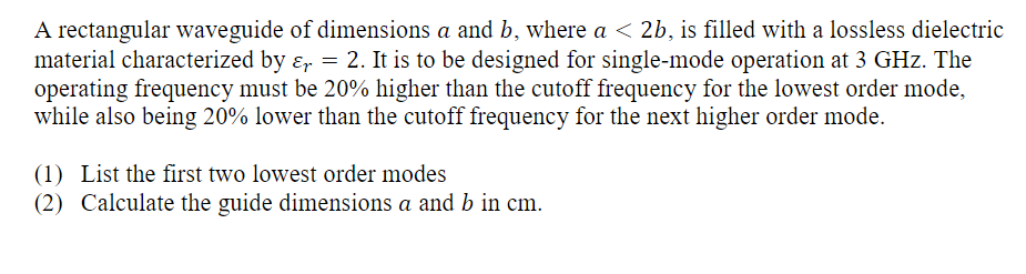 Solved A rectangular waveguide of dimensions a and b, where | Chegg.com
