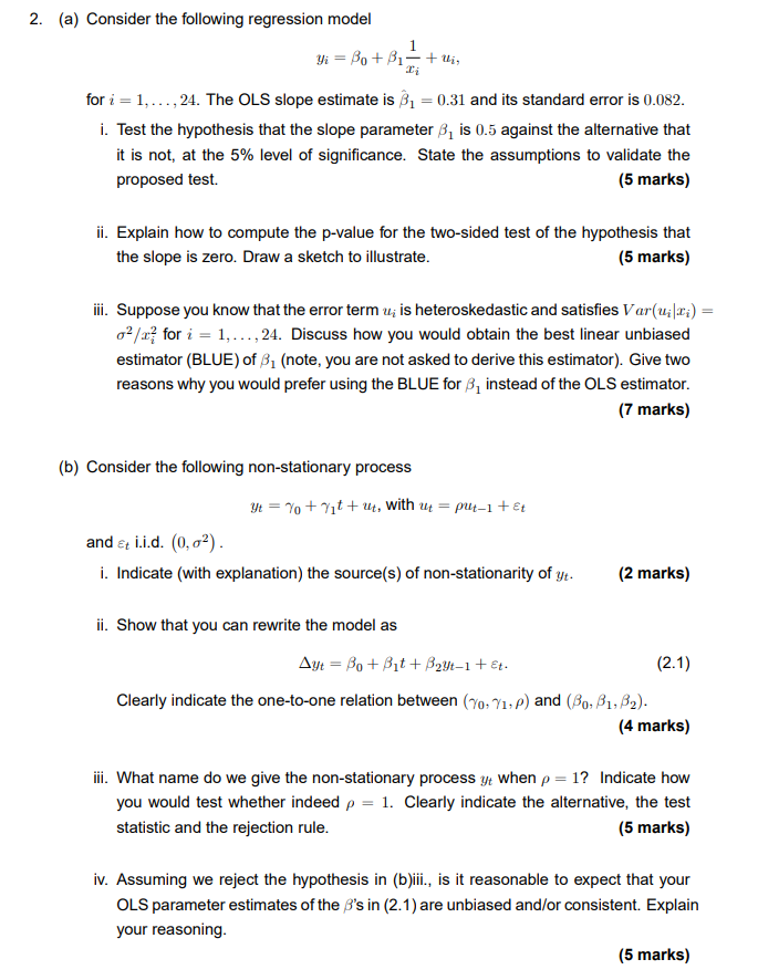 2. (a) Consider the following regression model Yi = | Chegg.com