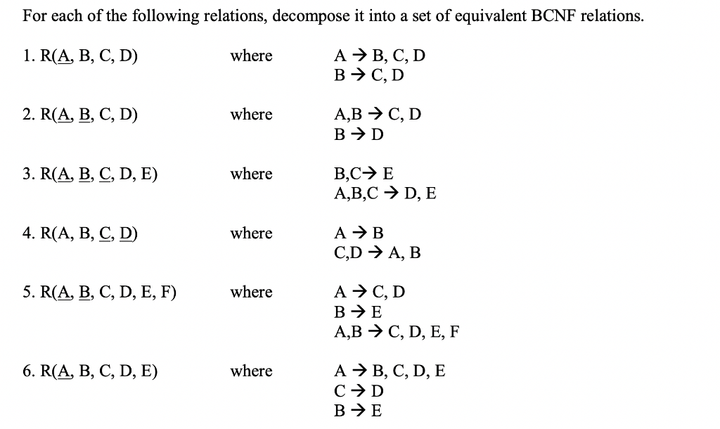 Solved For each of the following relations, decompose it | Chegg.com