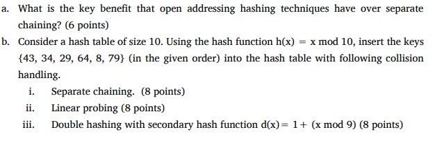 Solved a. What is the key benefit that open addressing | Chegg.com