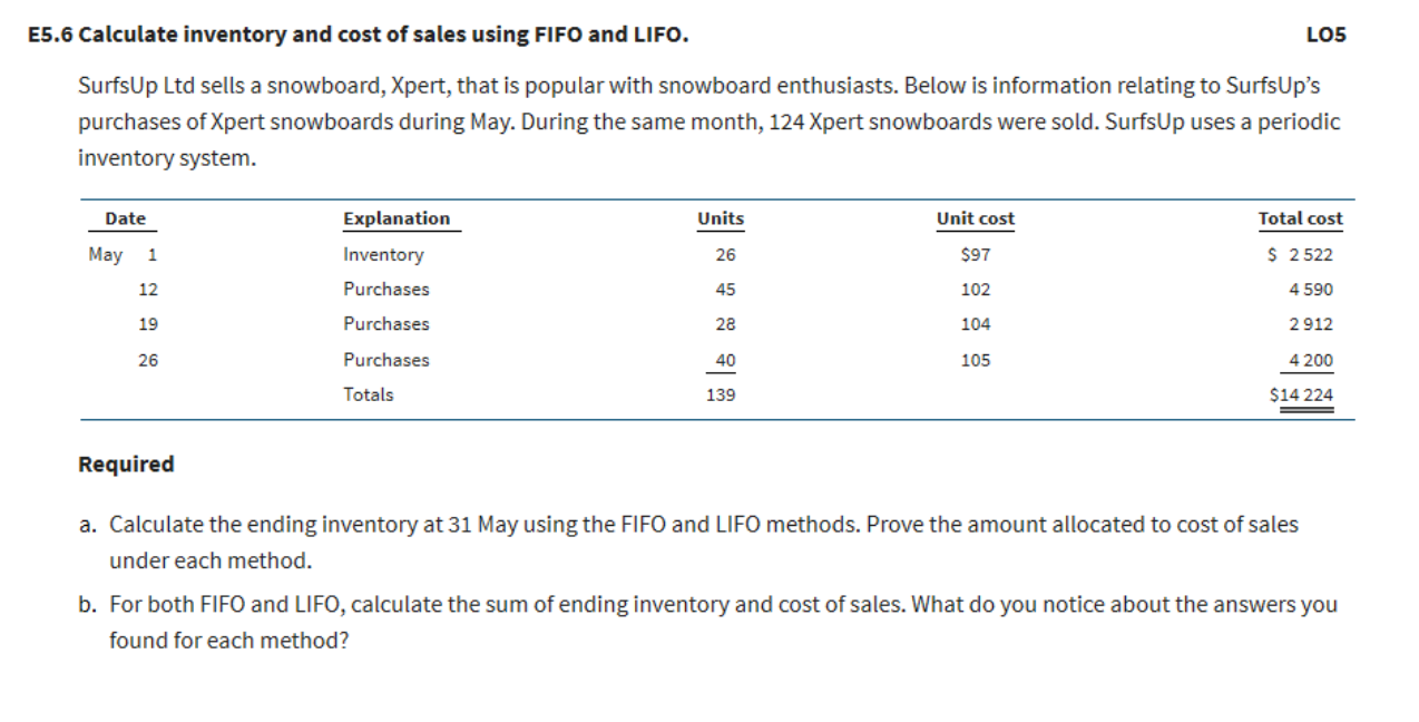 Solved E5.6 ﻿Calculate inventory and cost of sales using | Chegg.com
