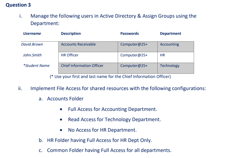 Manage the following users in Active Directory \& | Chegg.com