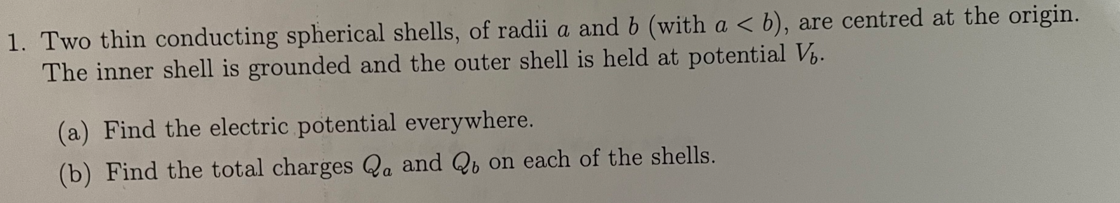 Solved 1. Two thin conducting spherical shells, of radii a | Chegg.com