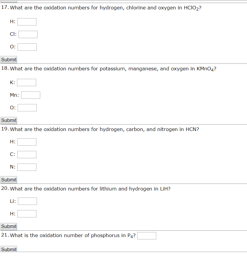 Solved 17. What are the oxidation numbers for hydrogen, | Chegg.com