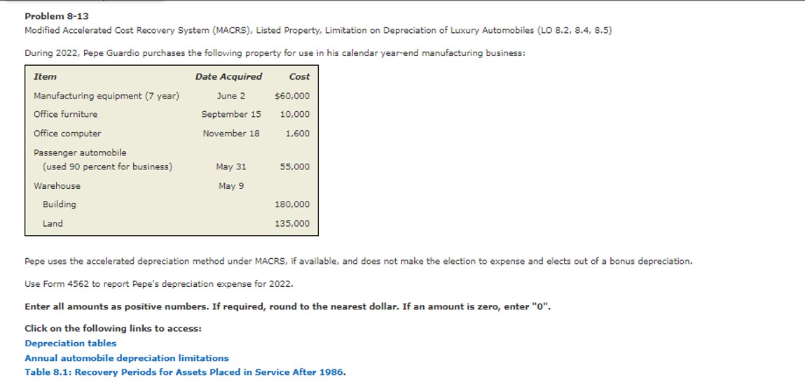 Solved Problem 8-13Modified Accelerated Cost Recovery System | Chegg.com