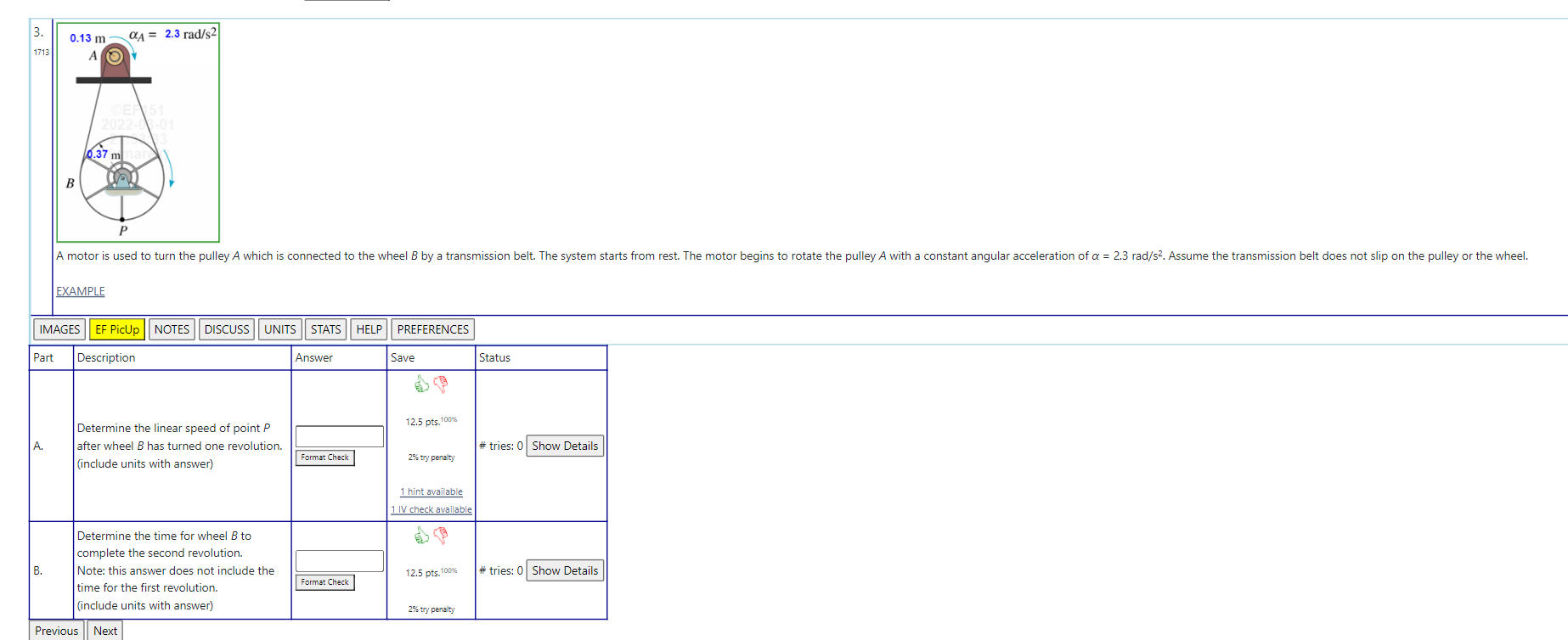 Solved 3. CA = 2.3 rad/s2 1713 0.13 m Α Ο 6.37 ml B A motor | Chegg.com