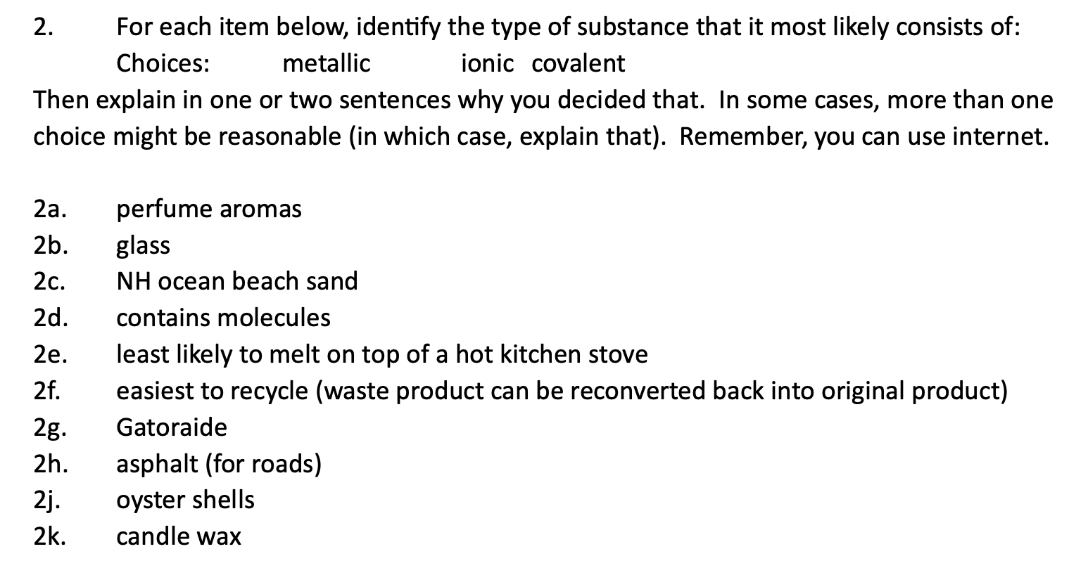 Solved 2. For each item below, identify the type of | Chegg.com