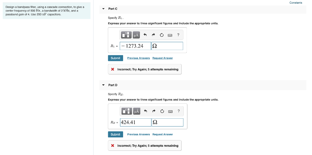 Solved Constants Design a bandpass filter, using a cascade | Chegg.com
