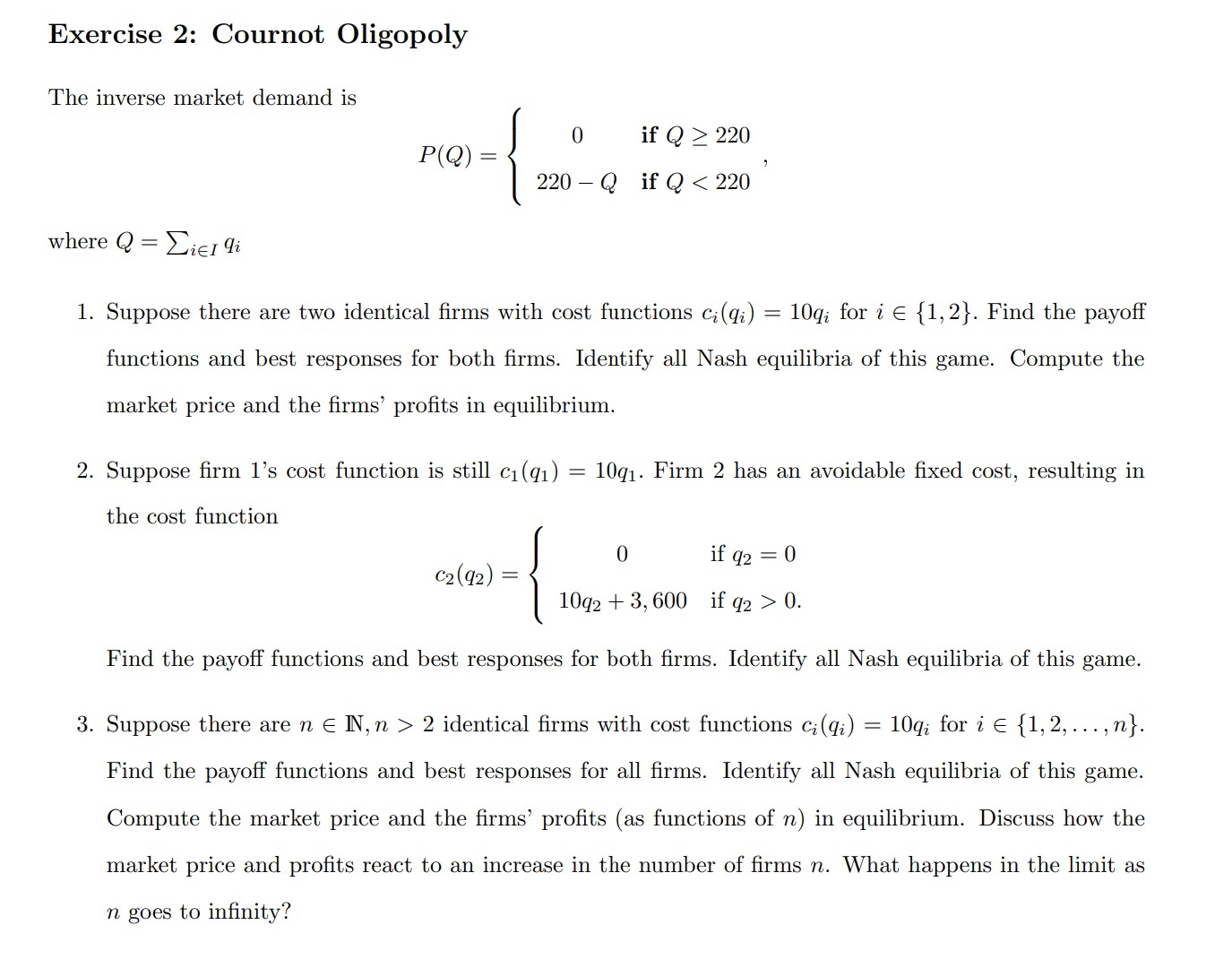 Solved Exercise 2: Cournot OligopolyThe inverse market | Chegg.com