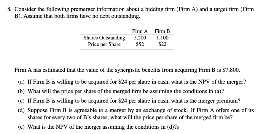 Solved Consider the following premerger information about a | Chegg.com