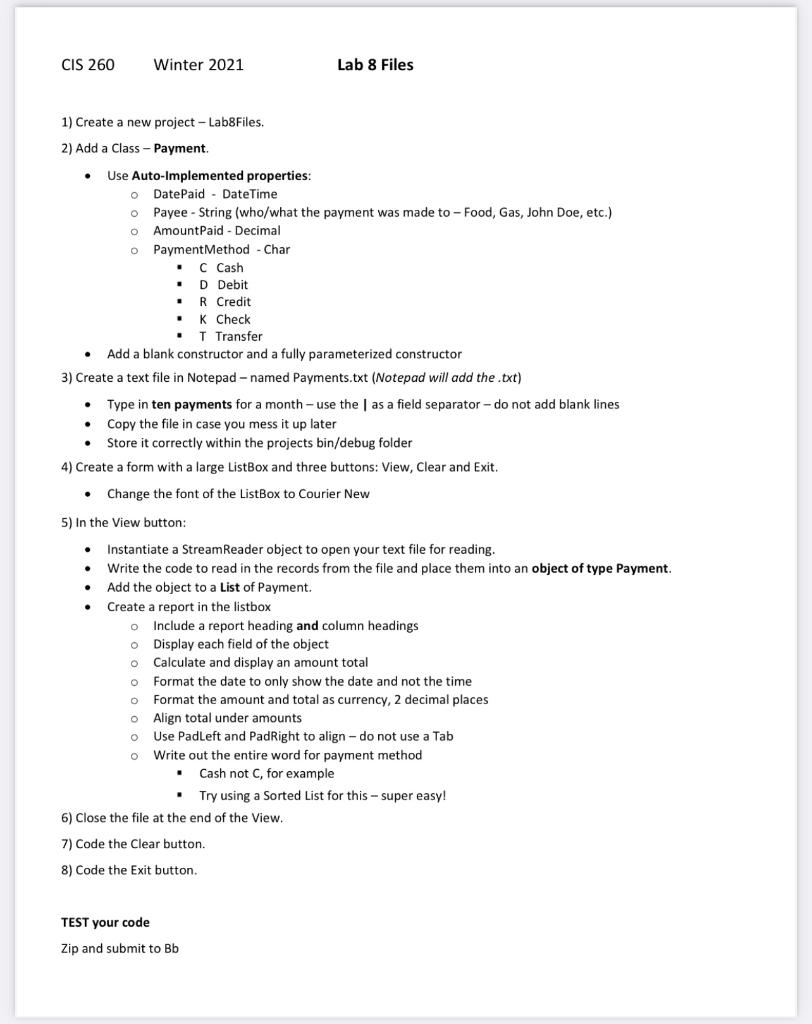 Solved CIS 260 Winter 2021 Lab 8 Files 1) Create a new | Chegg.com