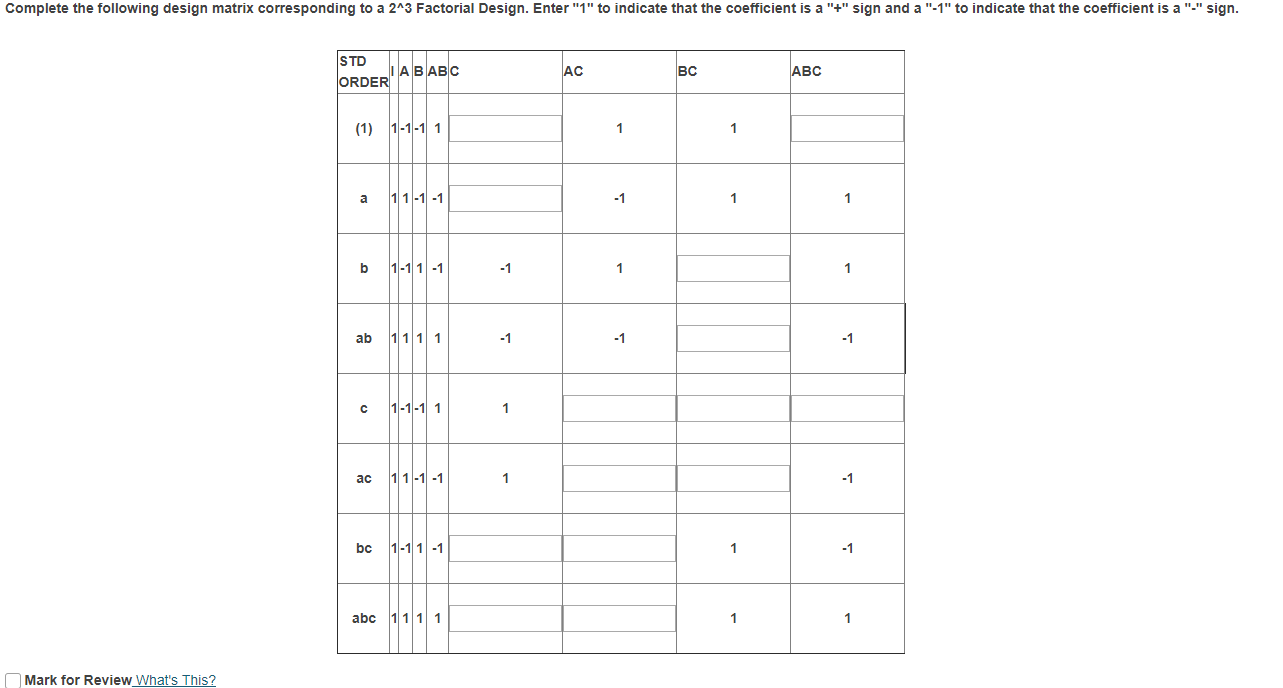 Complete the following design matrix corresponding to | Chegg.com
