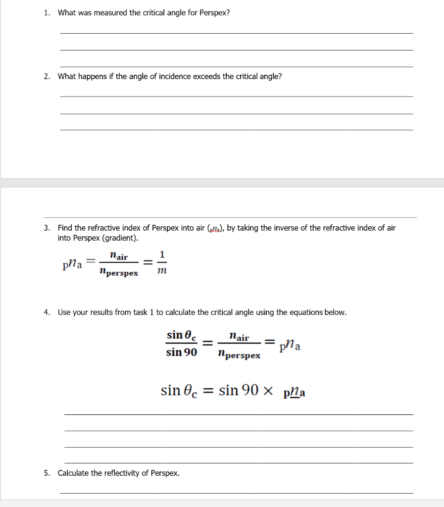 Solved 1. What was measured the critical angle for Perspex? | Chegg.com