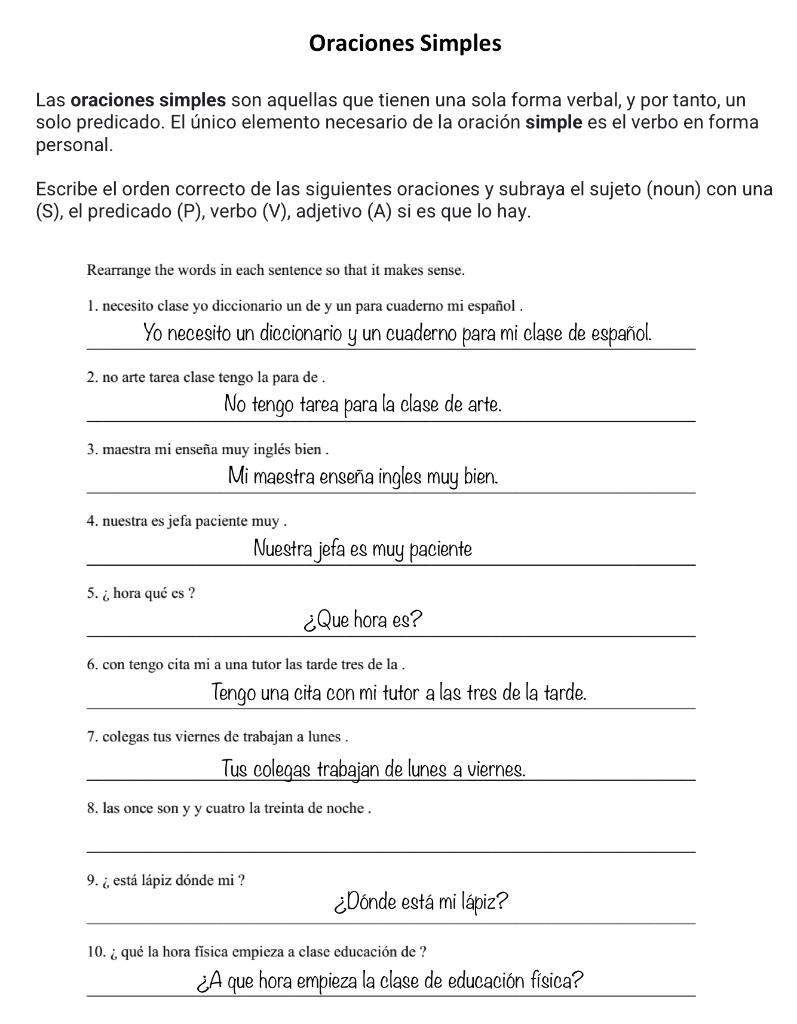 Oraciones Simples oraciones simples son aquellas que | Chegg.com