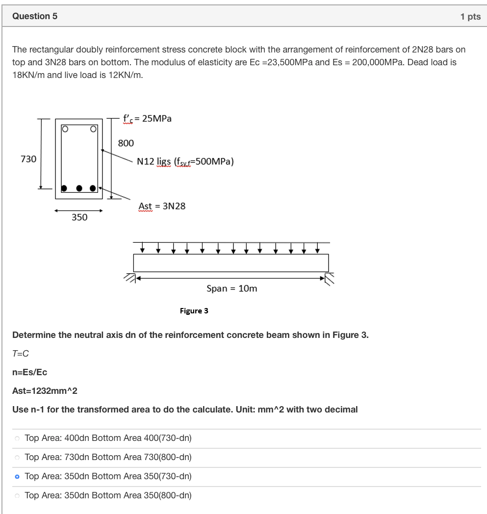 Solved Question 5 1 pts The rectangular doubly reinforcement | Chegg.com