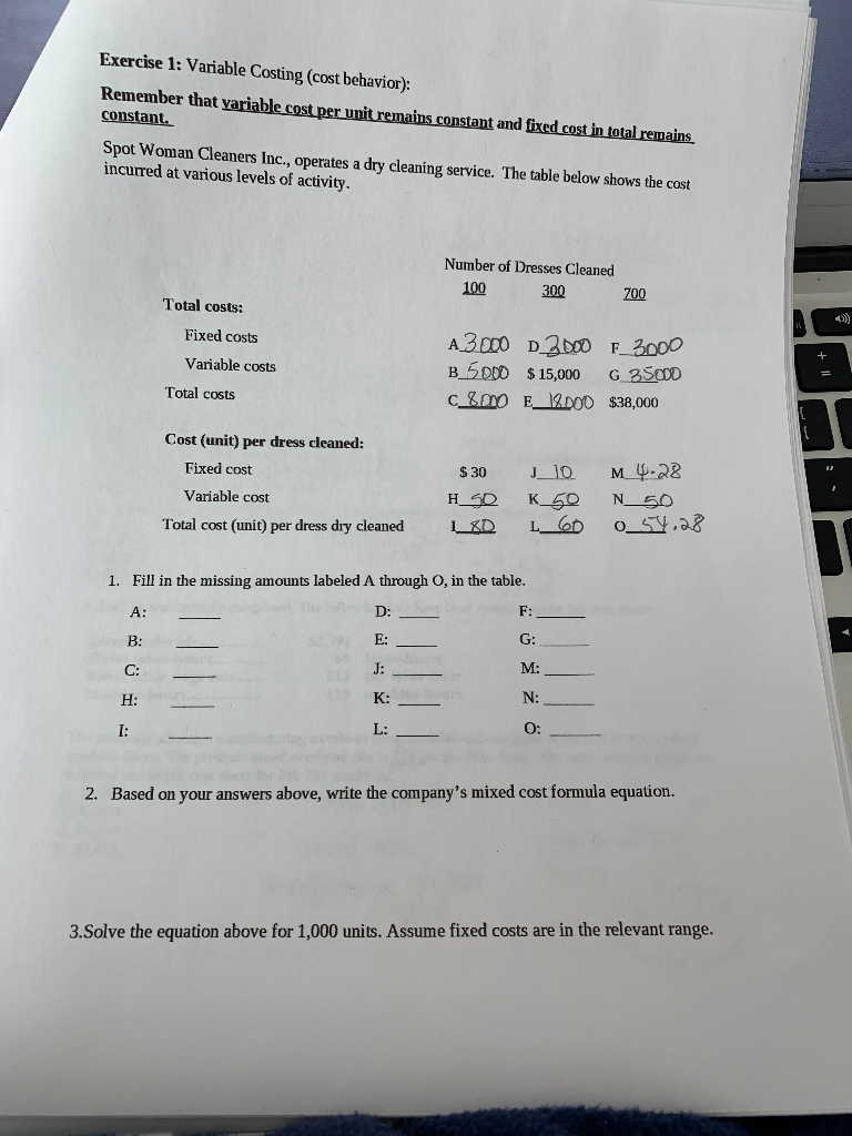 Solved Exercise 1: Variable Costing (cost behavior): | Chegg.com