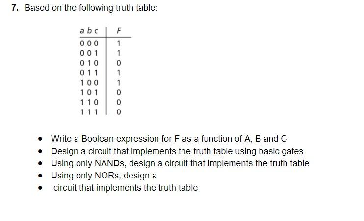 Solved 7. Based on the following truth table: - Write a | Chegg.com