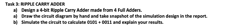 Solved Task 3: RIPPLE CARRY ADDER a) Design a 4-bit Ripple | Chegg.com