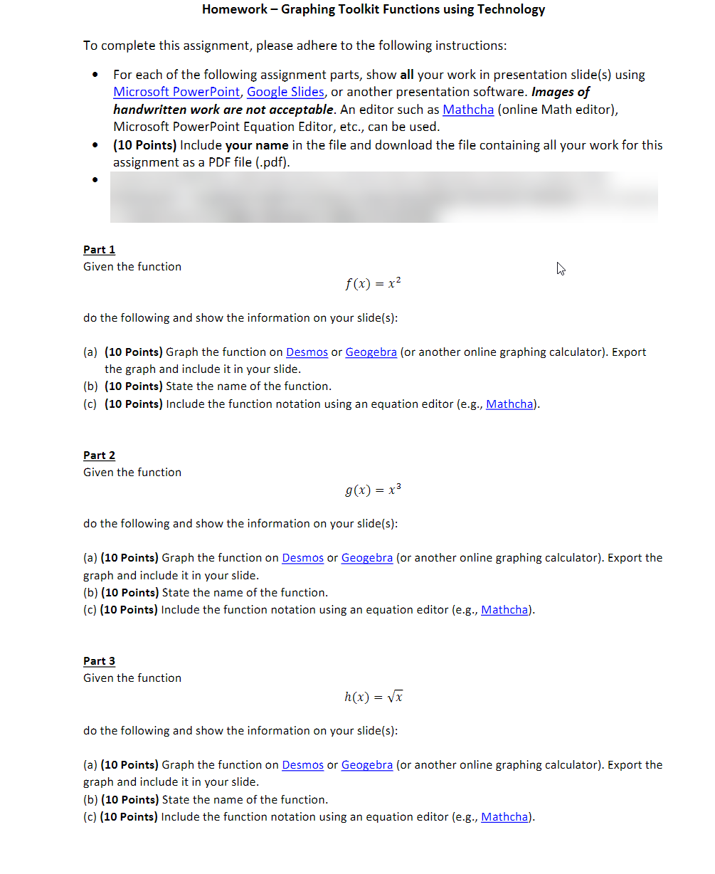 Solved Homework - Graphing Toolkit Functions using | Chegg.com