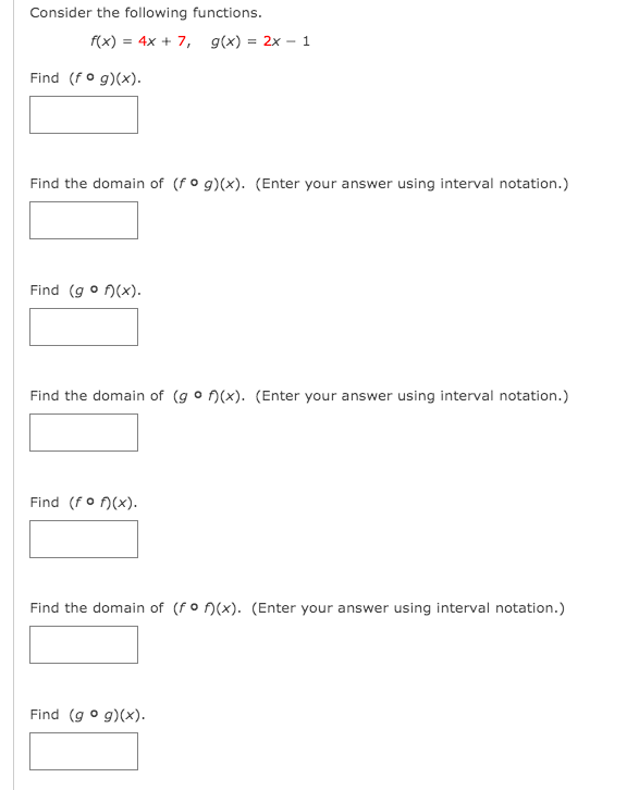 Solved Consider the following functions. f(x) = 4x + 7, g(x) | Chegg.com